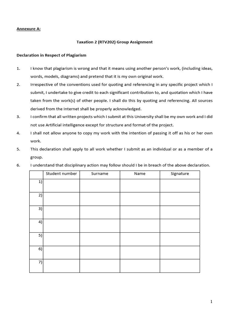 RTV202 Group Assignment 2024 - Annexure A Declaration in Respect of Plagiarism | PDF