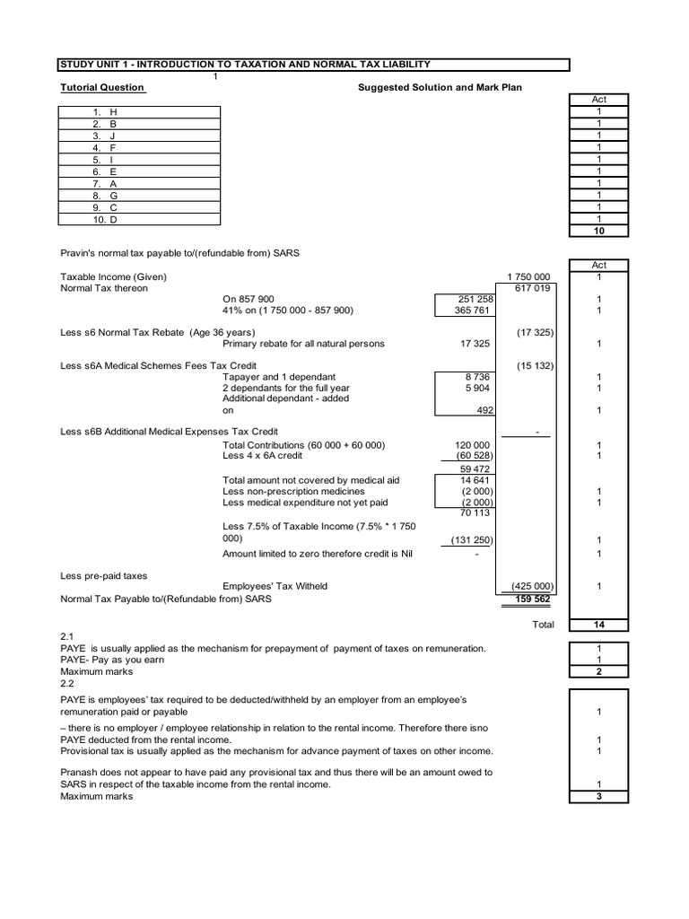 Study Unit 1 Tutorial Solution | PDF | Taxes | Tax Refund