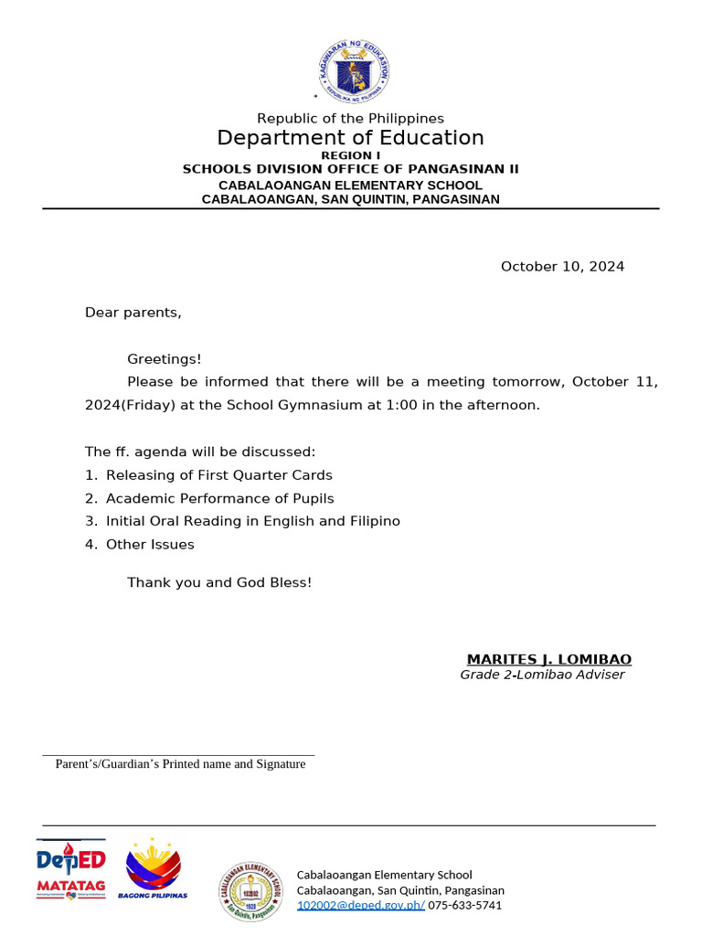 Pta Meeting Letter | PDF