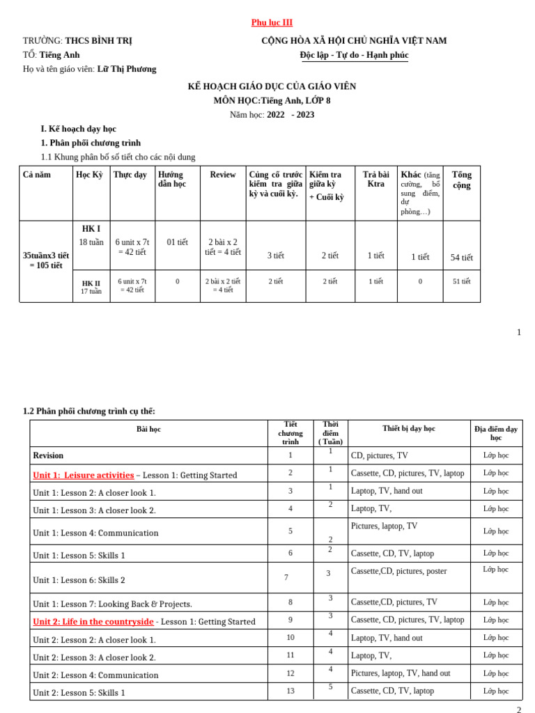 KHGD Môn Ta8 C A Phương | PDF