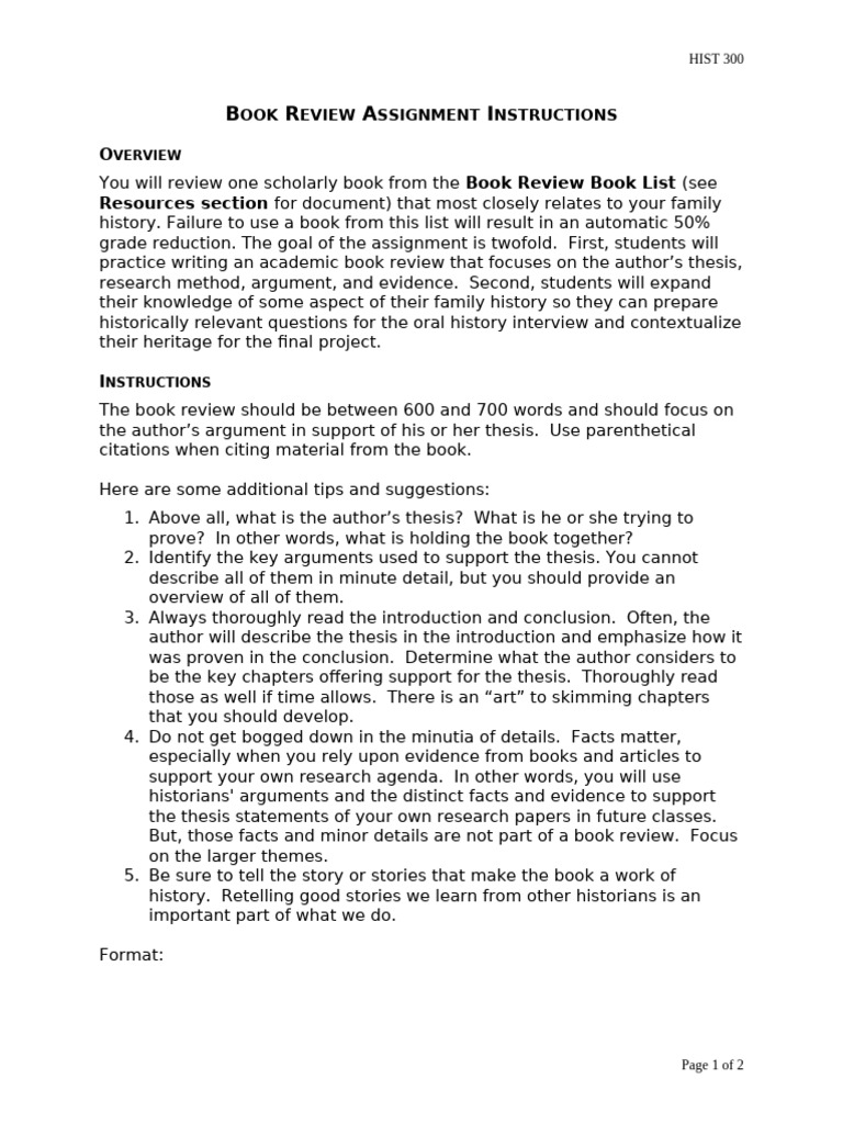 Book Review Assignment Instructions | PDF | Thesis | Books