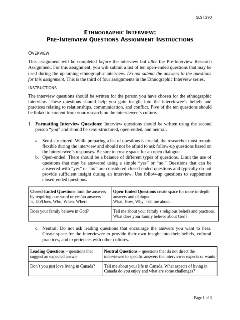 Ethnographic Interview Pre-Interview Questions Assignment Instructions ...