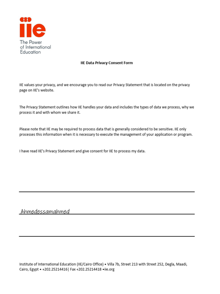 IIE Data Privacy Consent Form English (1) Edited | PDF | Computers