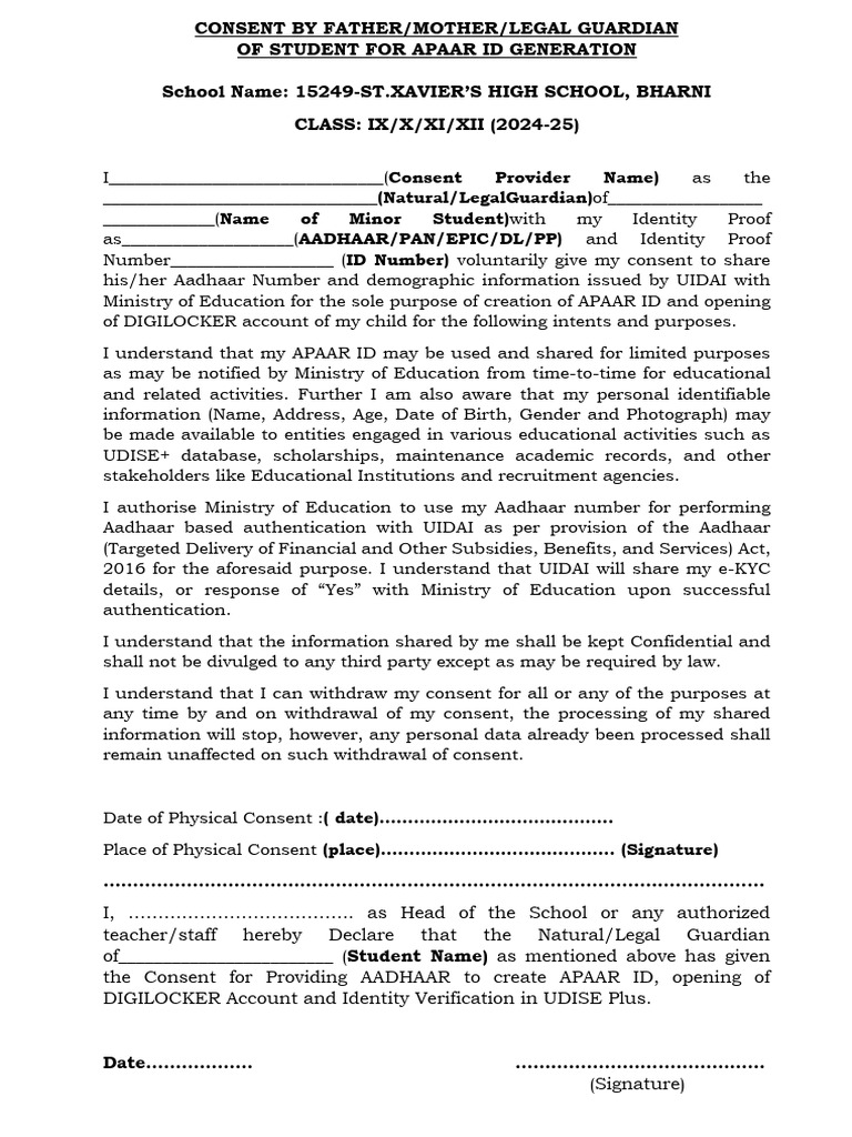 Consent Form for APAAR ID Creation | PDF | Human Rights | Social Ethics