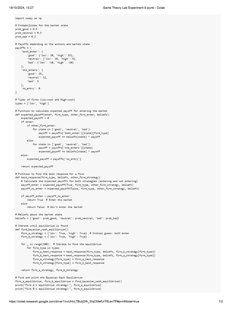 Game Theory Lab Experiment 9.ipynb - Colab | PDF | Quantitative Research | Systems Theory