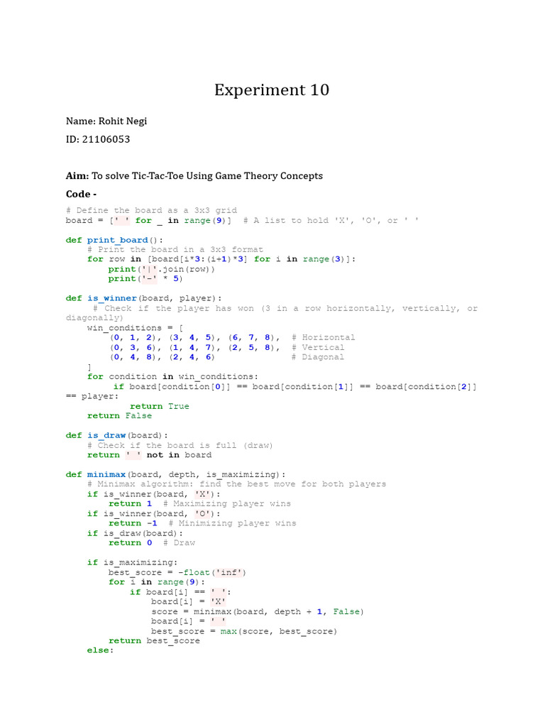 Game Theory Lab Experiment 10 | PDF | Theoretical Computer Science | Applied Mathematics