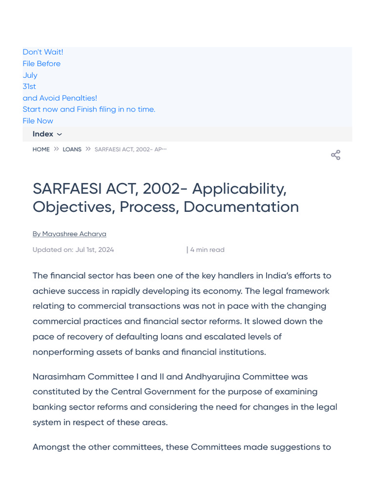 SARFAESI ACT, 2002 - Applicability, Objectives, Process, Documentation | PDF | Loans | Security ...