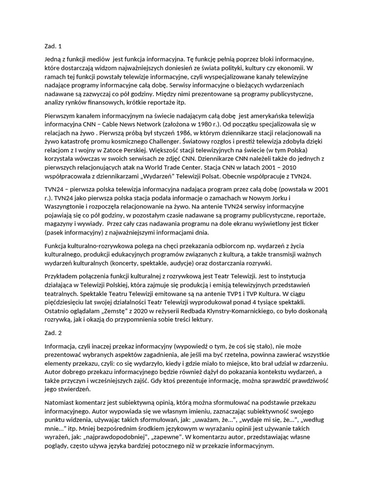 Zadania - Media I Opinia Publiczna | PDF