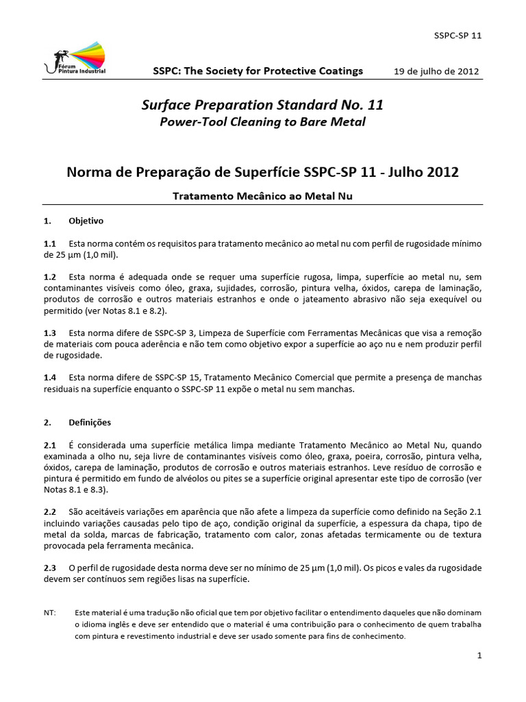 Norma SSPC-SP 11: Limpeza ao Metal Nu | PDF | Corrosão | Tinta