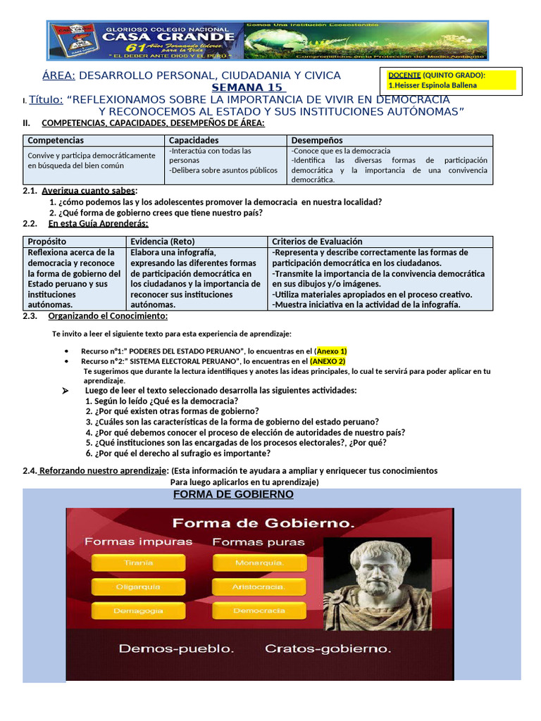 SEMANA 15 - DPCC - 5to "REFLEXIONAMOS SOBRE LA IMPORTANCIA DE VIVIR EN DEMOCRACIA Y RECONOCEMOS ...