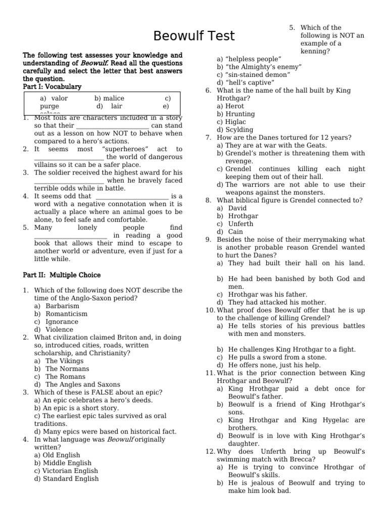 Beowulf Knowledge Assessment Test | PDF | Beowulf | English Heroic Legends