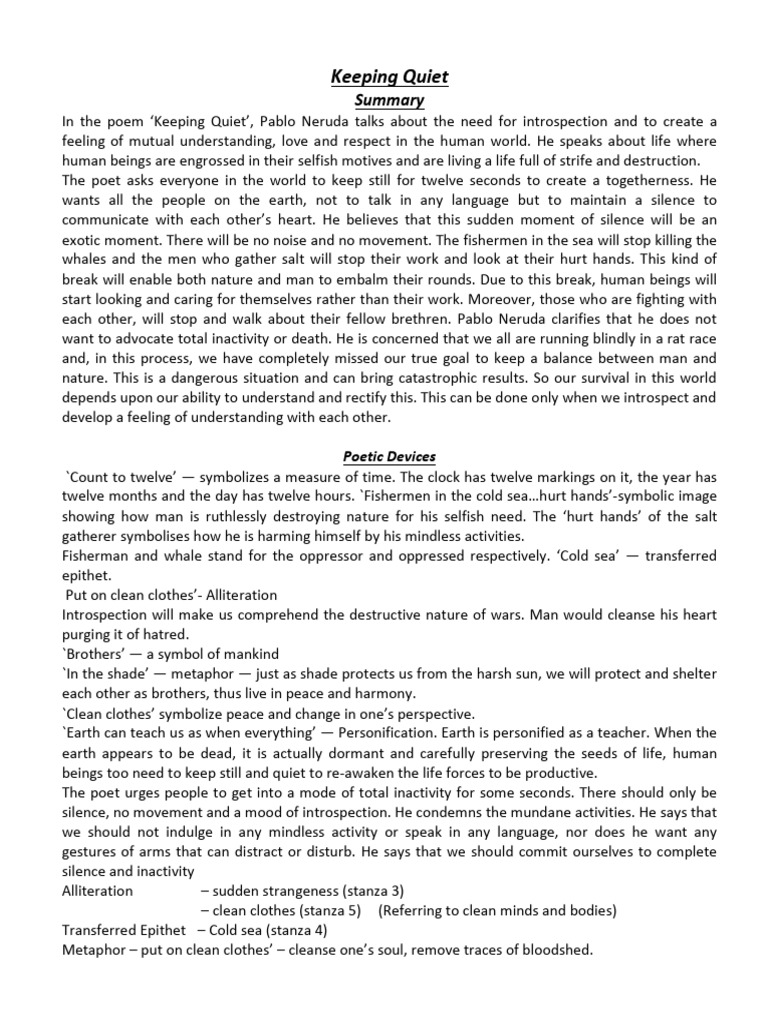 12 - Poem - 2 - Keeping Quiet | PDF | Silence | Feeling