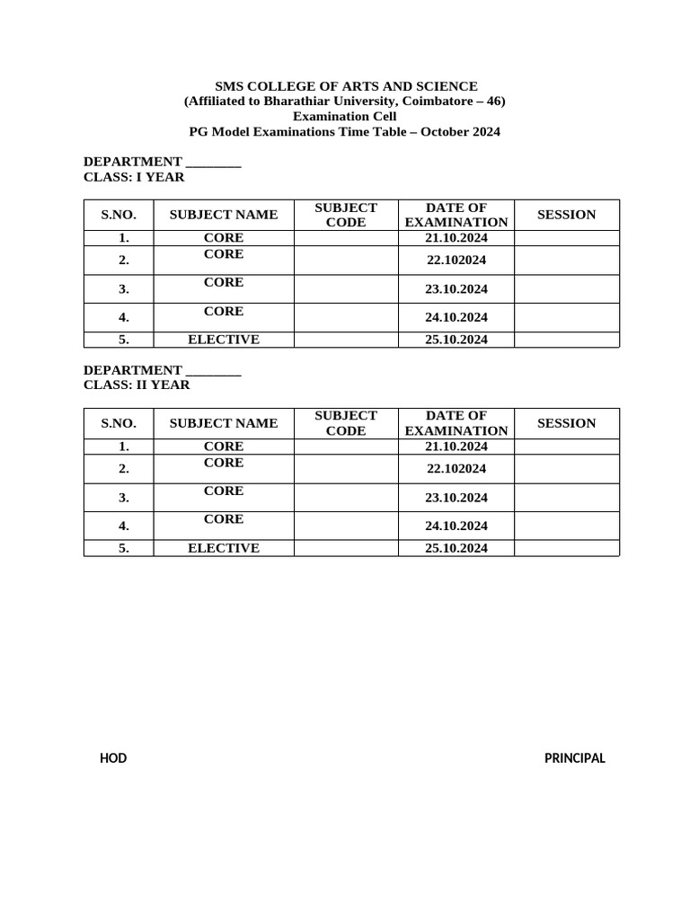 Exam Schedule for SMS College Students | PDF