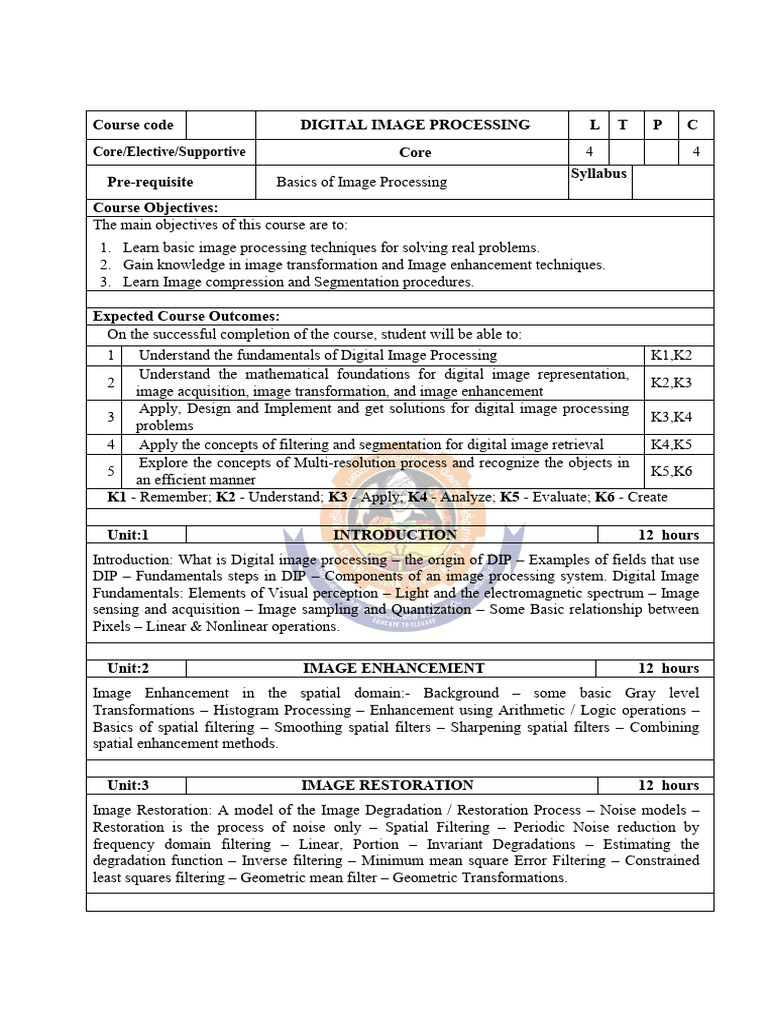 Dip Syallbus | PDF | Data Compression | Image Segmentation