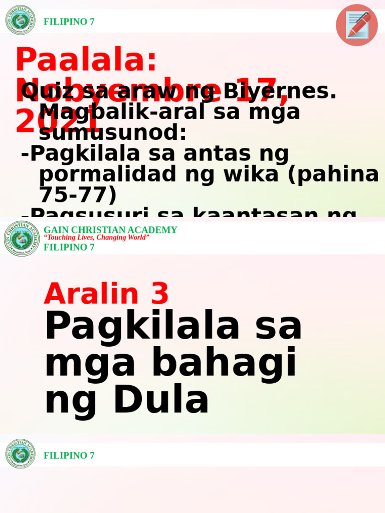 Fil 7 23.3 Pagkilala Sa Mga Bahagi NG Dula DONE | PDF