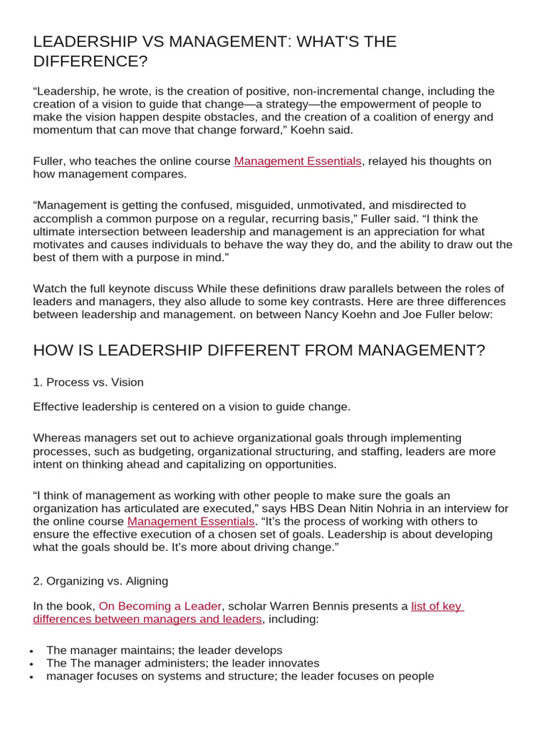 Leadership vs Management Explained | PDF | Leadership ...