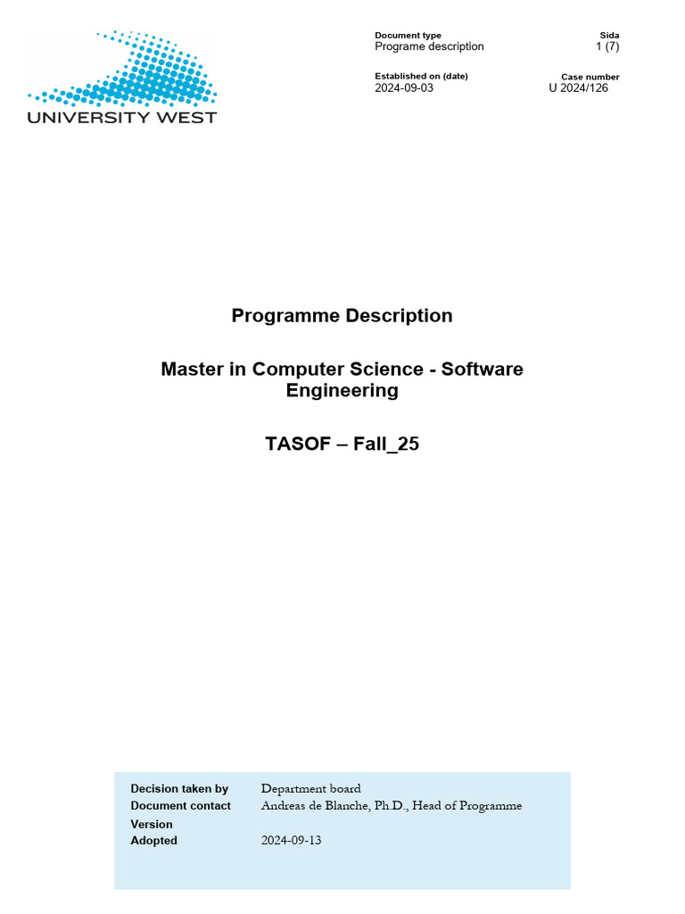 Programme Description Master in Computer Science - Software Engineering TASOF - Fall - 25 | PDF ...