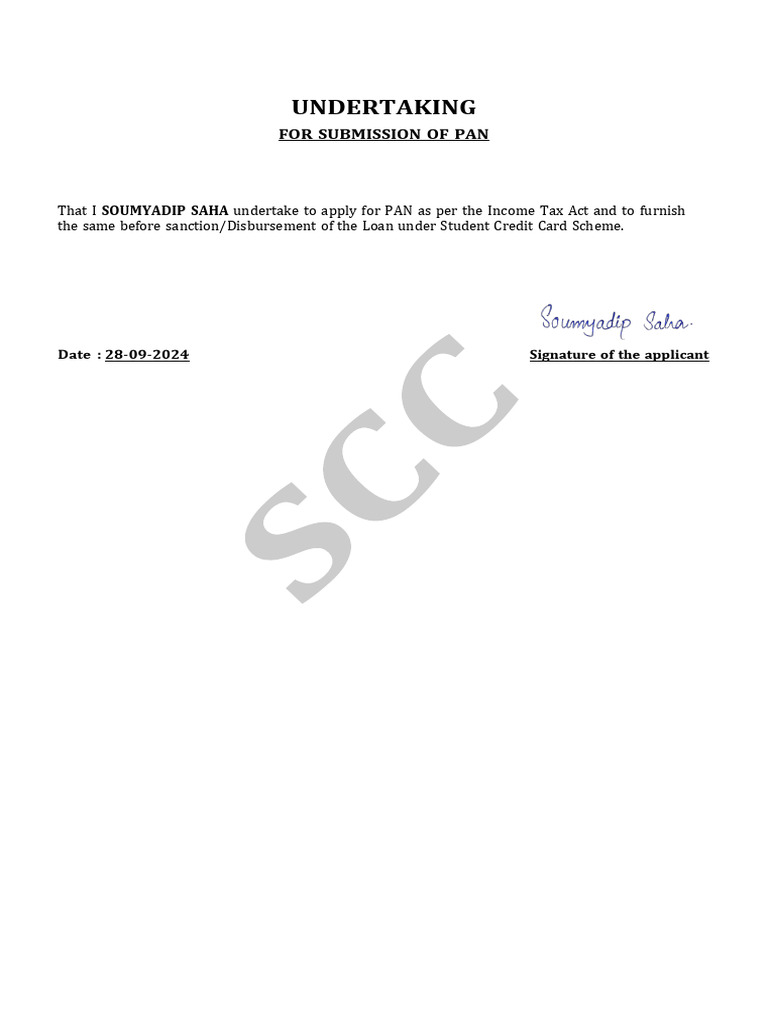 Applicant PAN Undertaking Document | PDF
