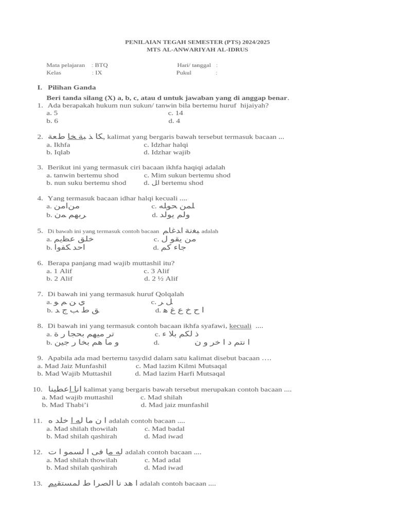 Soal BTQ Kelas 9 | PDF