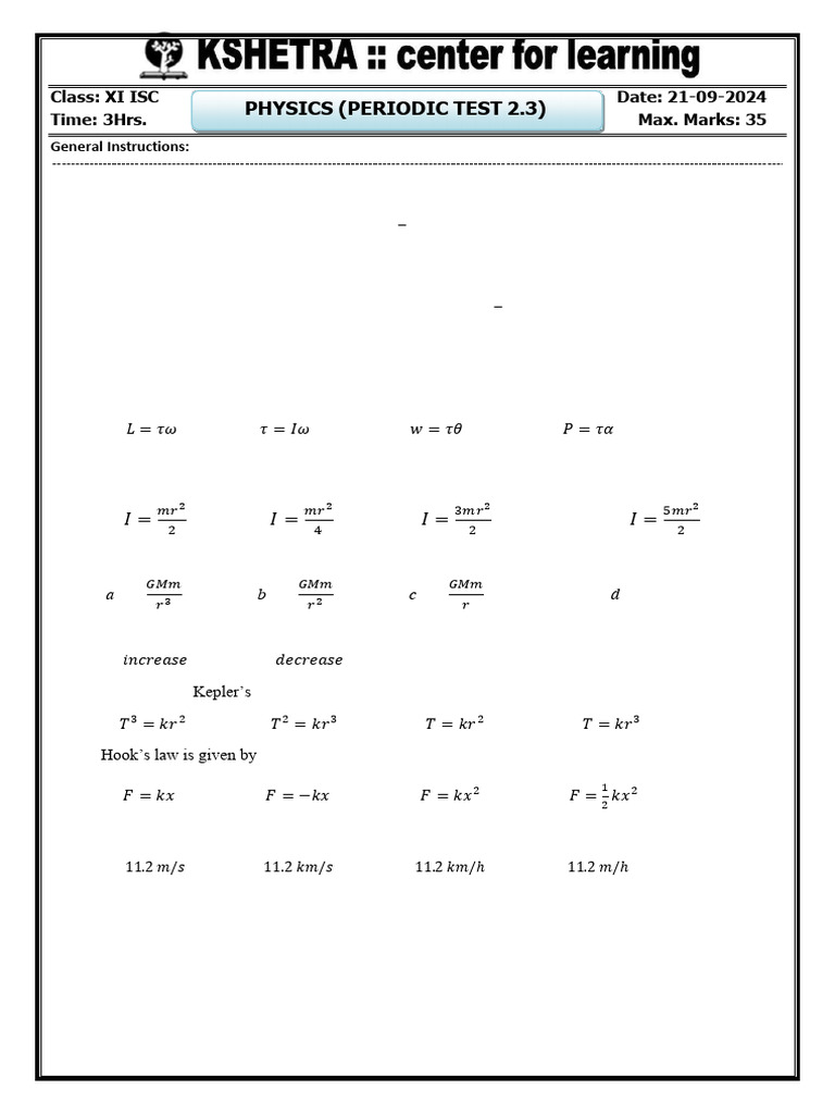 Xi Isc Physics PT 2.2 QP Ex - Dt. 21-09-24 | PDF | Gravity | Orbit