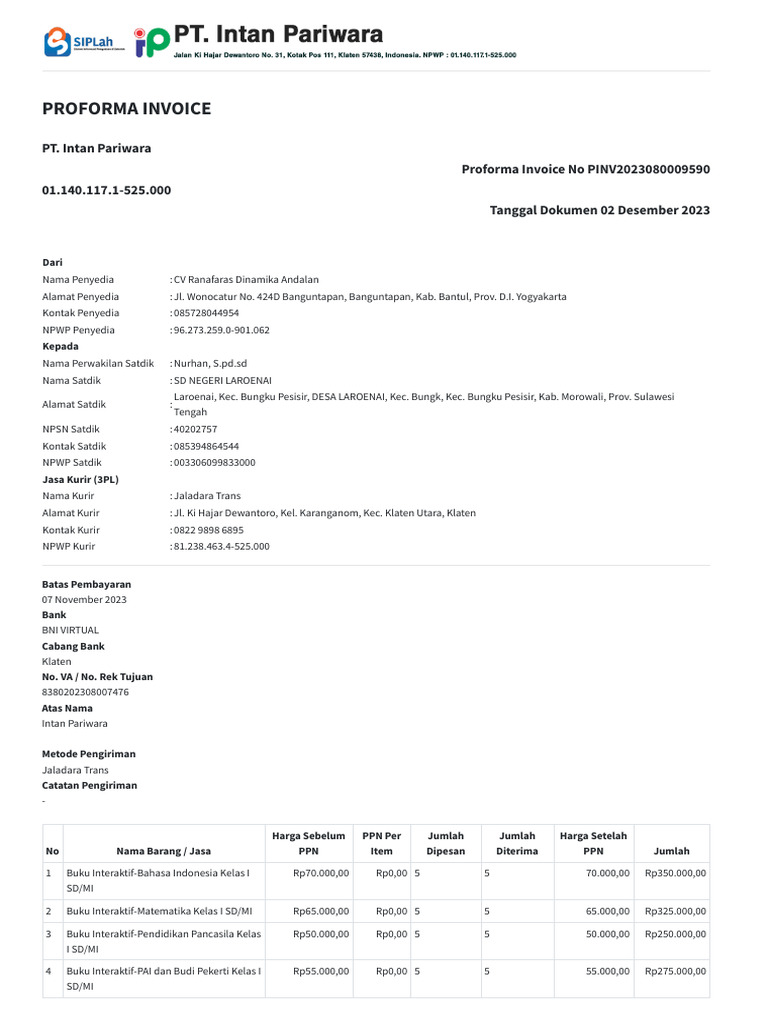 Proforma Invoice Buku Interaktif SD/MI | PDF