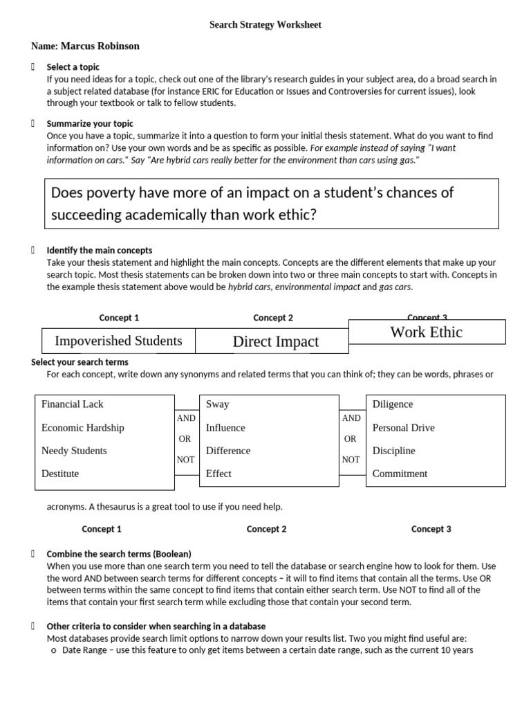 Search Strategy Worksheet Guide | PDF | Academic Journal | Databases