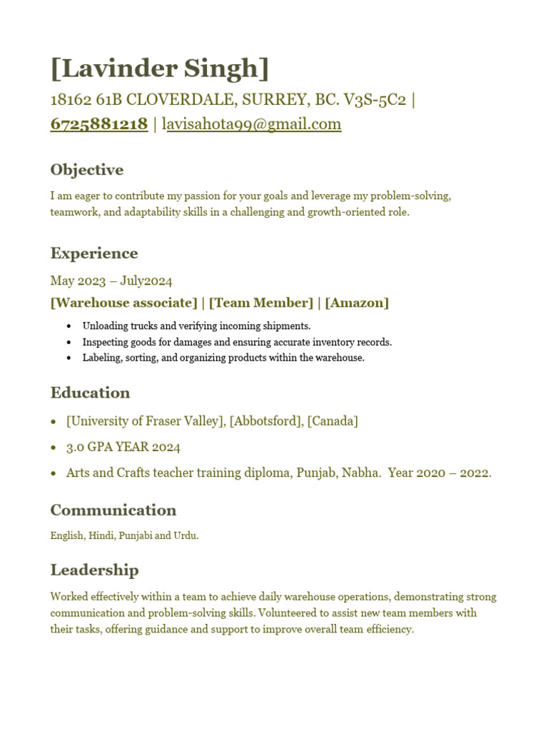 Warehouse Associate Resume - Lavinder Singh | PDF