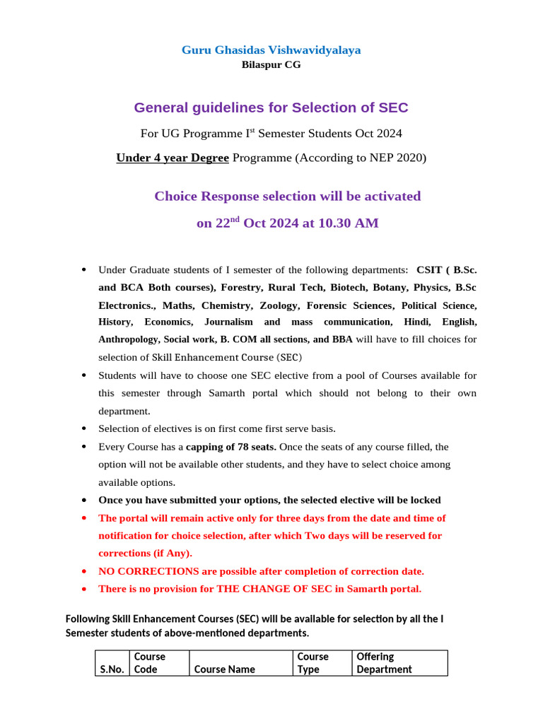Final Guideline For SEC Selection Ist Sem NEP Oct 2024-1 | PDF | Science