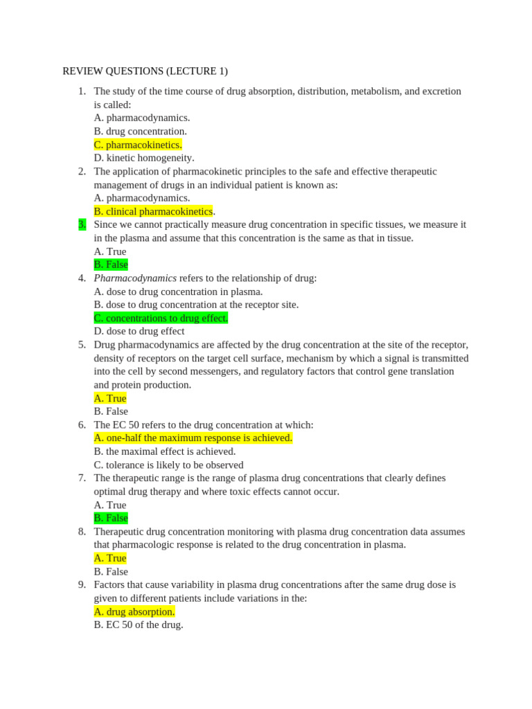With Answers Review Questions-Lecture 1 | PDF | Pharmacokinetics | Pharmacology