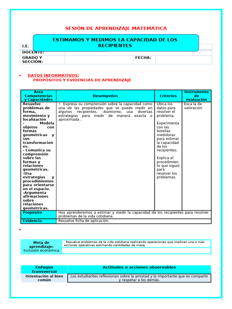 Sesión de Matemática - Estimamos y Medimos La Capacidad de Los ...
