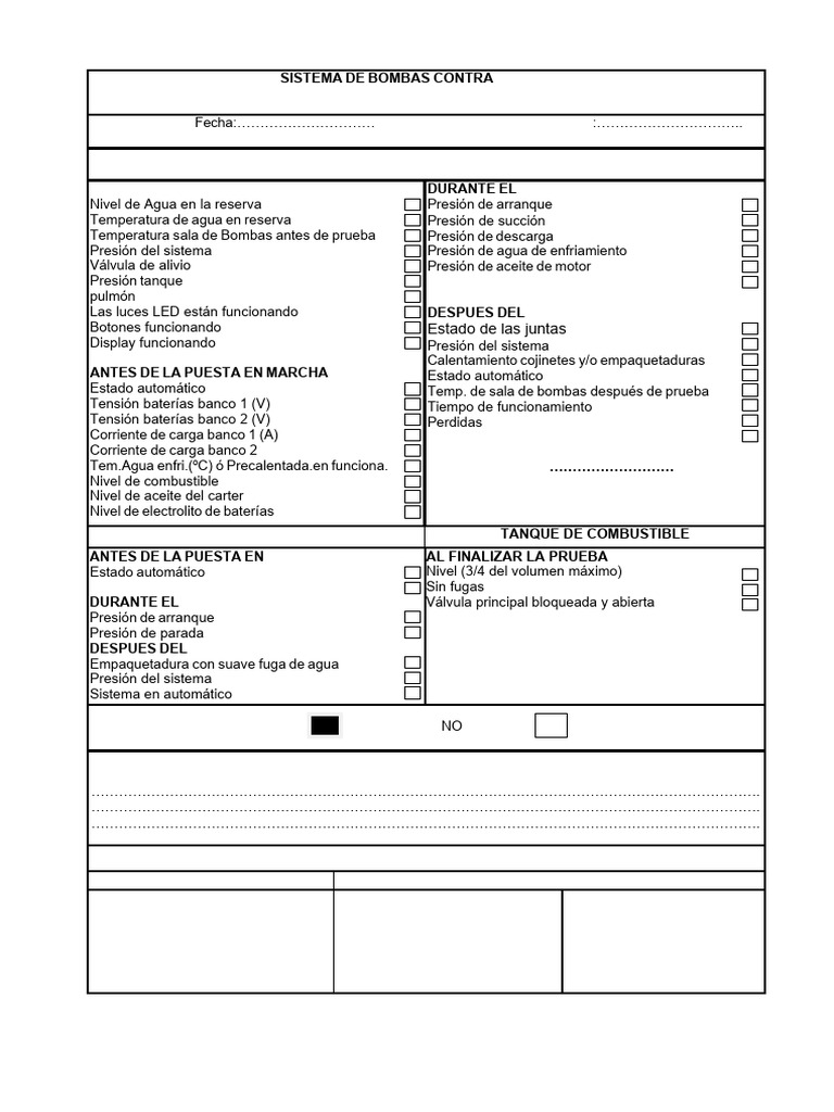 CHECK LIST SISTEMA DE BOMBAS CONTRA INCENDIOS | PDF | Motor diesel ...