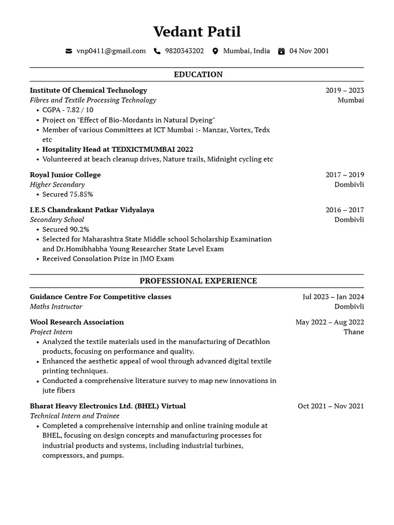 Vedant's Resume | PDF | Textiles