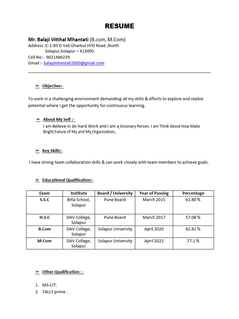 Balaji Mhantati New Resume 27.5.24 | PDF