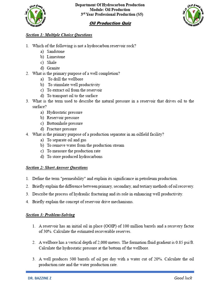 Oil Production Quiz for Professionals | PDF | Technology & Engineering