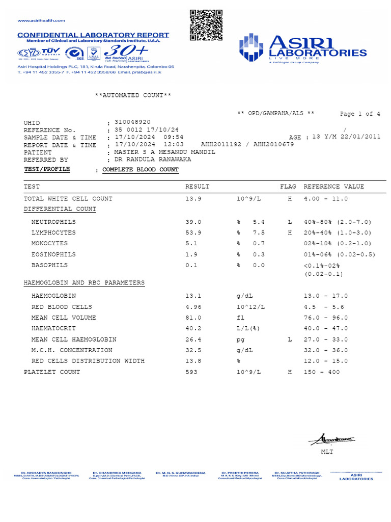 Test/Profile Complete Blood Count: Opd/Gampaha/Als / Page 1 of 4 | PDF ...