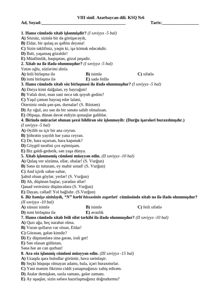 8-Ci Sinif Az Dili ksq6 | PDF