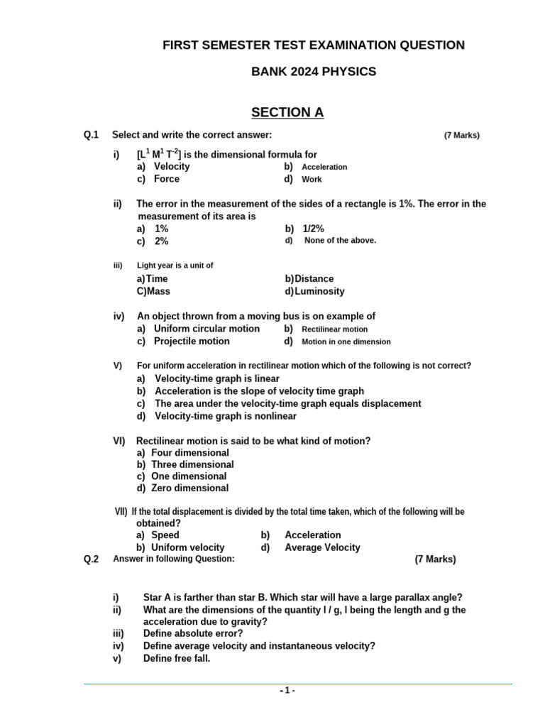 Vidyaniketan First Semester - Physics Question Bank | PDF ...