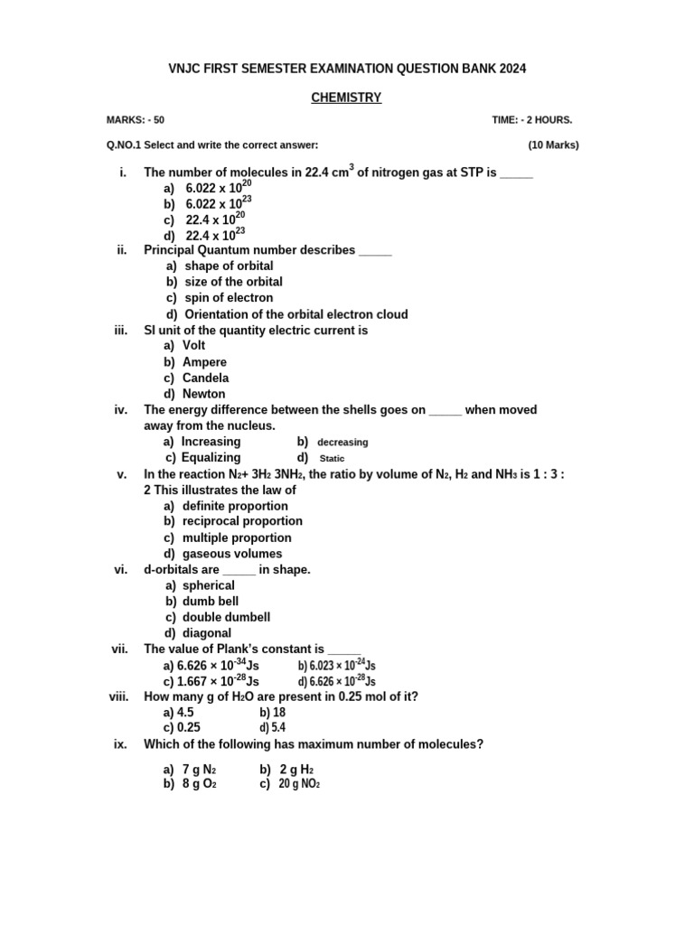 Vidyaniketan First Semester - Chemistry Question Bank | PDF | Atoms ...