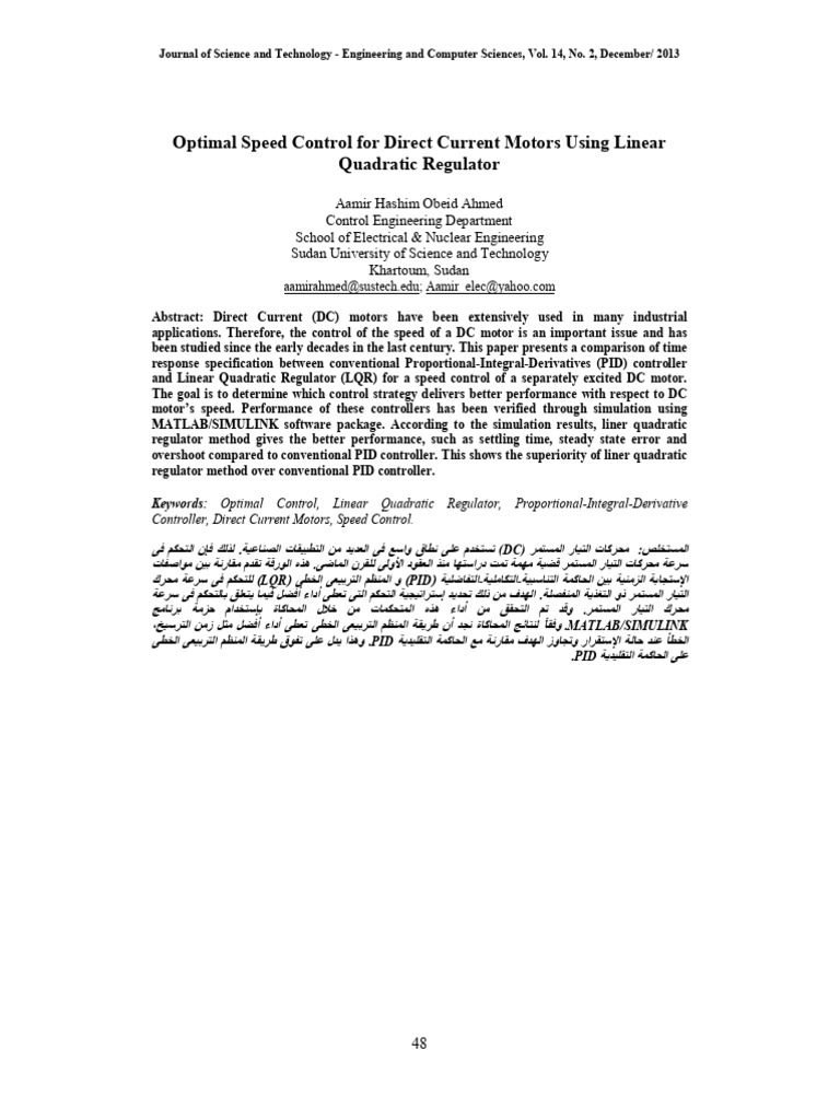 Optimal DC Motor Speed Control LQR | PDF | Matrix (Mathematics ...