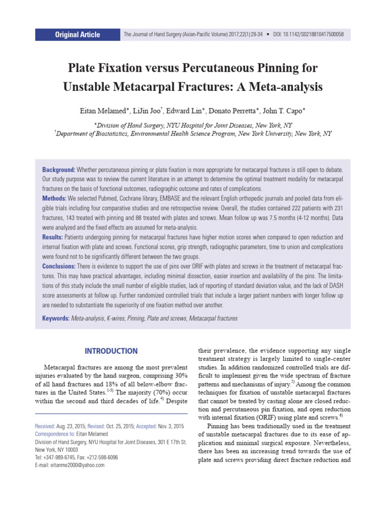 Metacarpal Fracture - Plating Vs Pinning Metaanalysis | PDF | Meta ...
