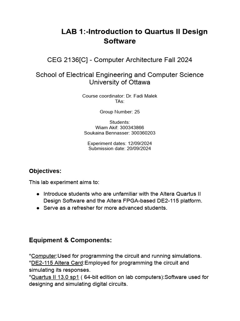 LAB 1 - Introduction To Quartus II Design Software | PDF | Digital Electronics | Computer ...