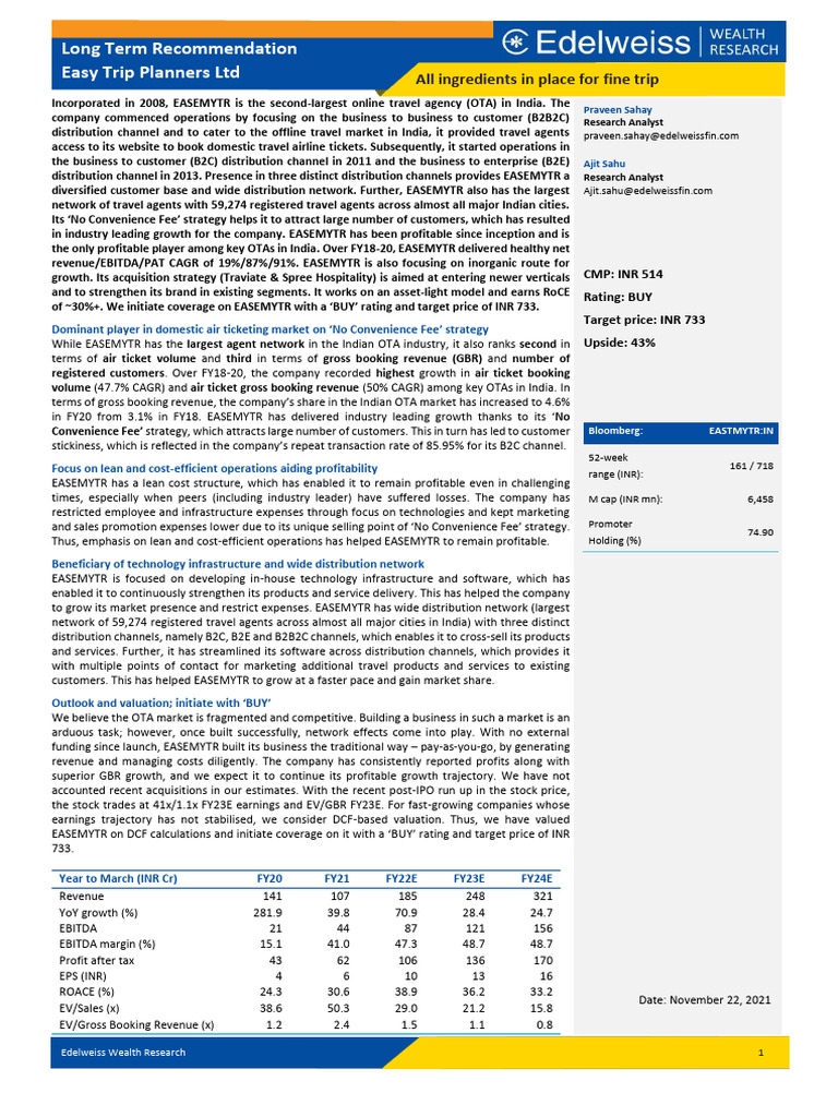 Long Term Recommendation Easy Trip Planners LTD: All Ingredients in Place For Fine Trip | PDF ...