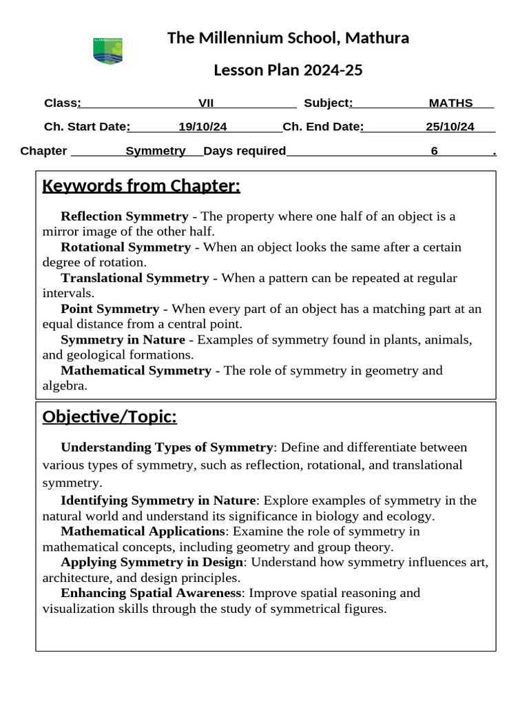 Class VII Maths: Symmetry Lesson Plan | PDF | Symmetry | Mathematics