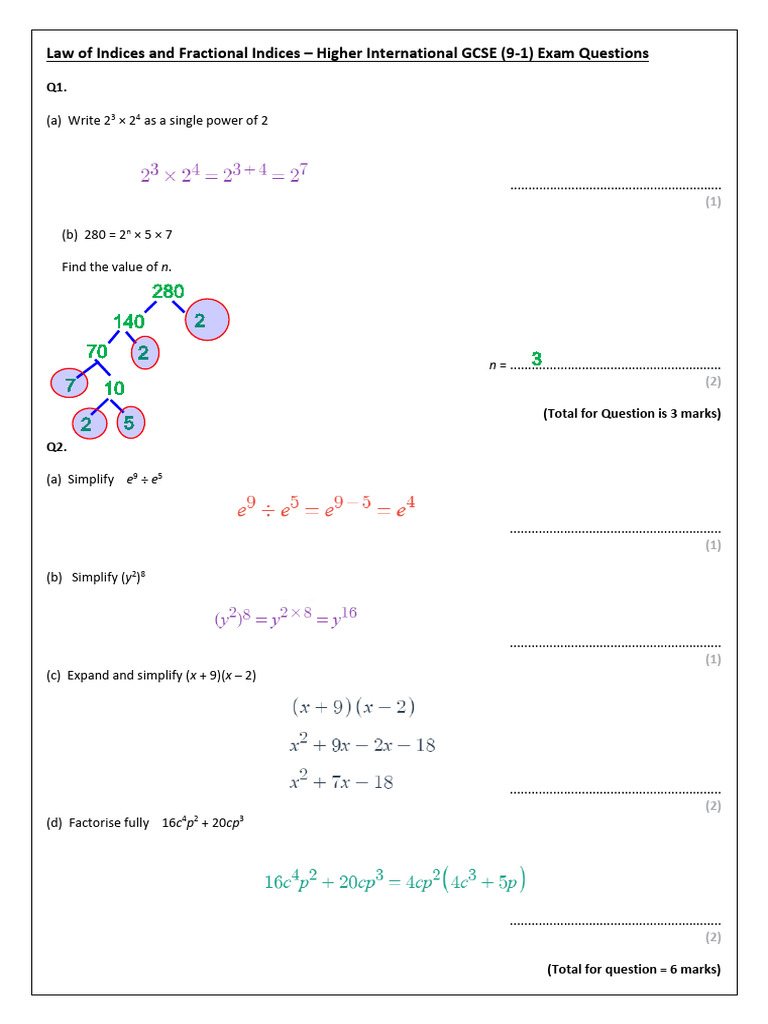 Year 10 Laws of Indices and Fractional Indices 4ma1 Higher Exam ...