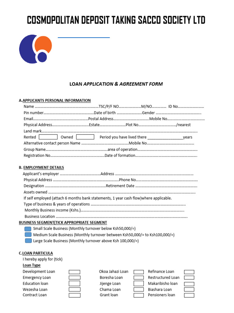 Cosmopolitan Deposit Taking Sacco Society LTD Loan Form 2023 | PDF | Credit | Finance & Money ...