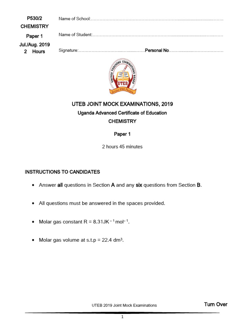 Uteb Chem 1 2019 | PDF | Chemical Elements | Atoms