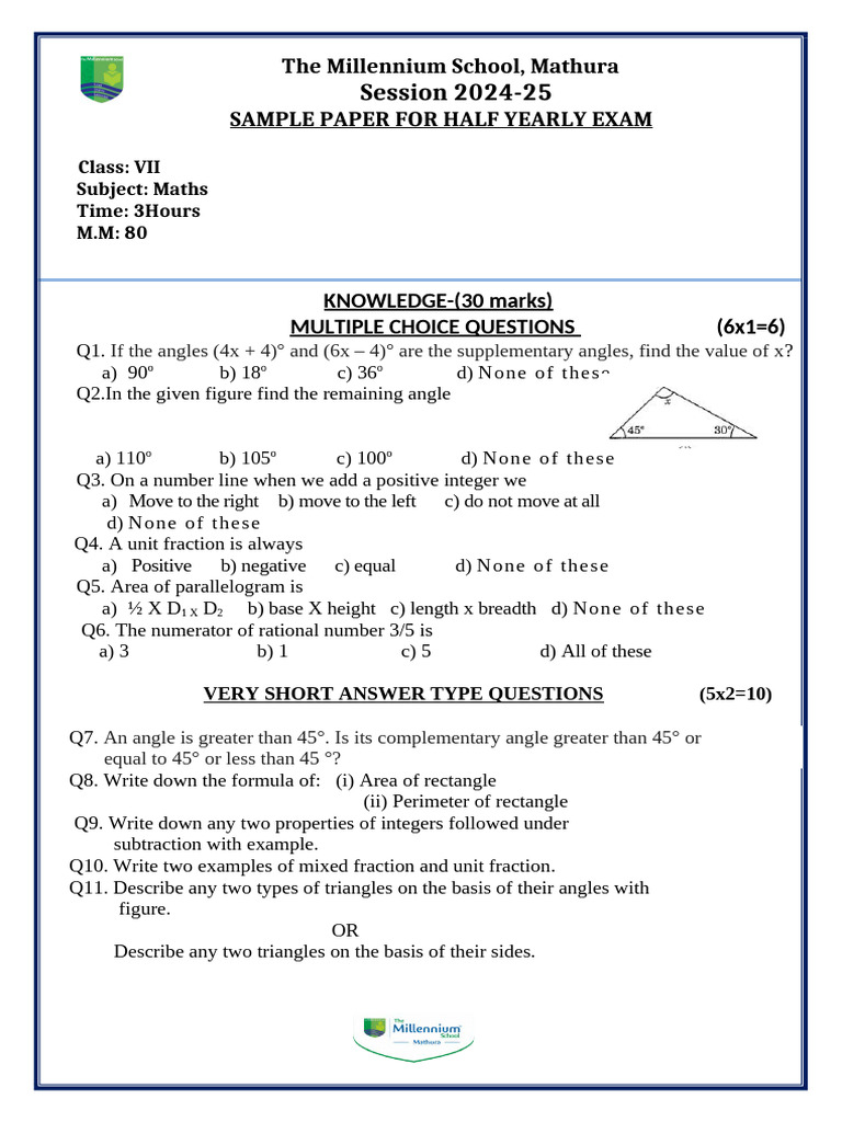 7th HY Sample Paper 1 | PDF | Area | Triangle 7th HY Sample Paper 1 | PDF | Area | Triangle