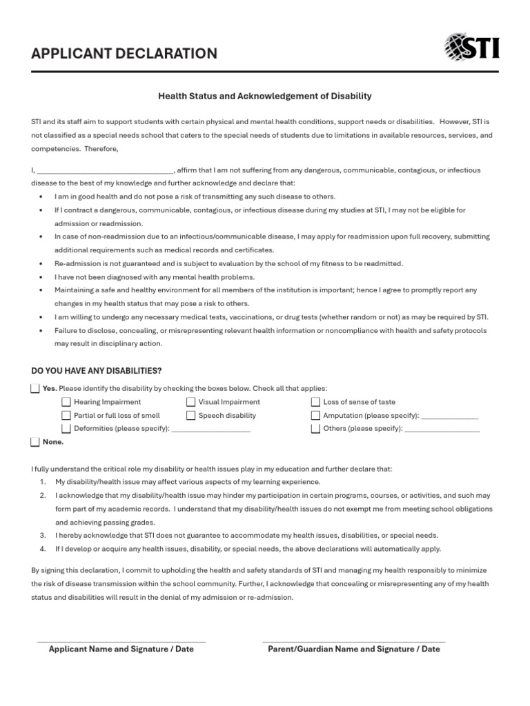 STI Health Declaration and Disability Acknowledgment | PDF | Disability ...