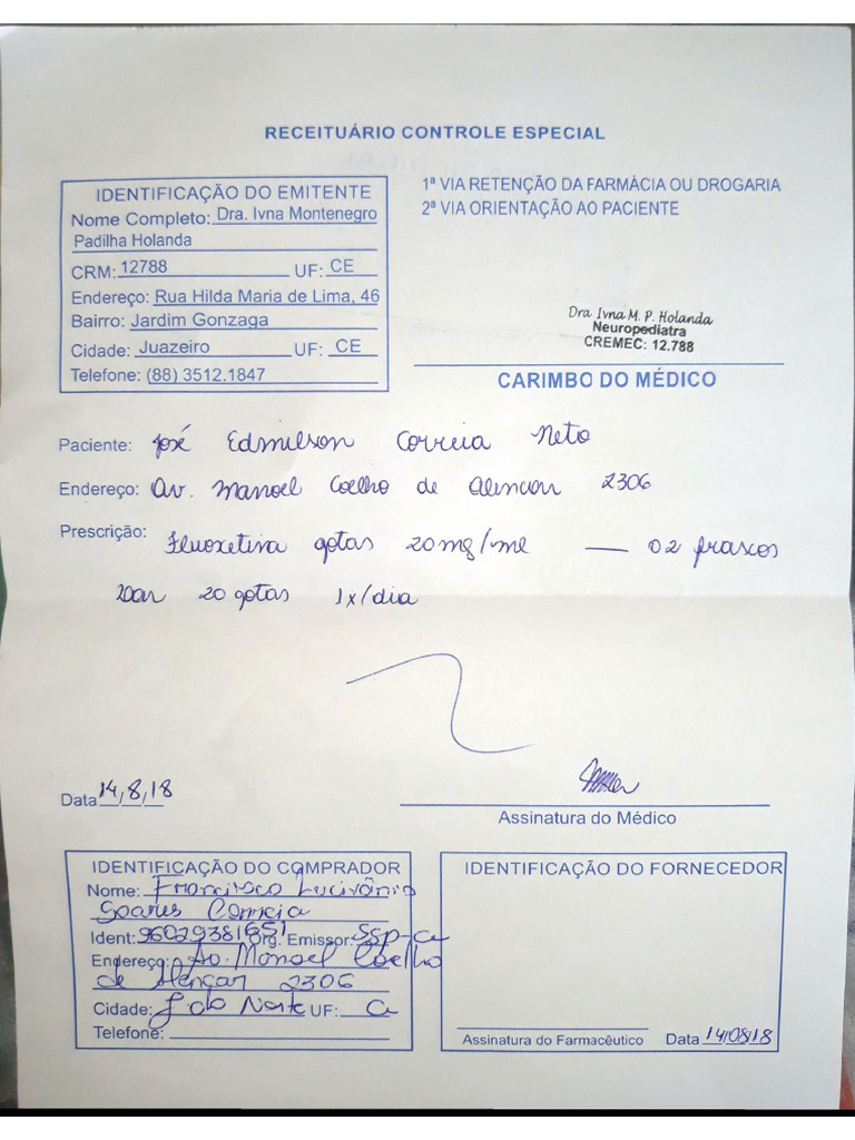 Receituario Controlado FLUOXETINA | PDF