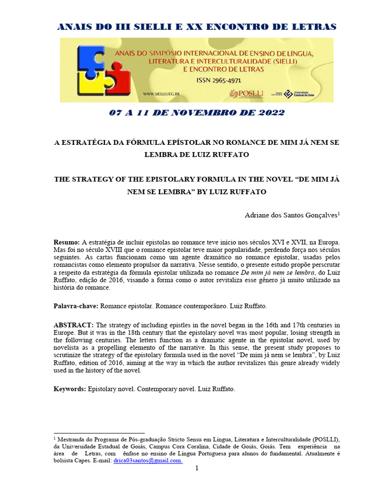 A Estrat Gia Da F"rmula Epõstolar No Romance de Mim J Nem Se Lembra de Luiz Ruffato | PDF ...